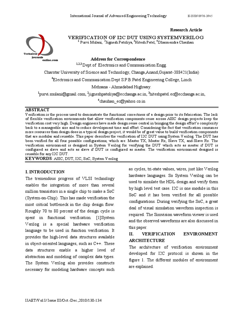 Verification Of I2c Using System Verilog Pdf System On A Chip Electronic Engineering