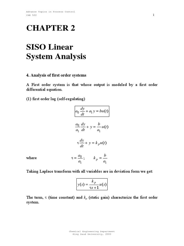 Siso Linear System Analysis In Process Control Pdf Mathematical