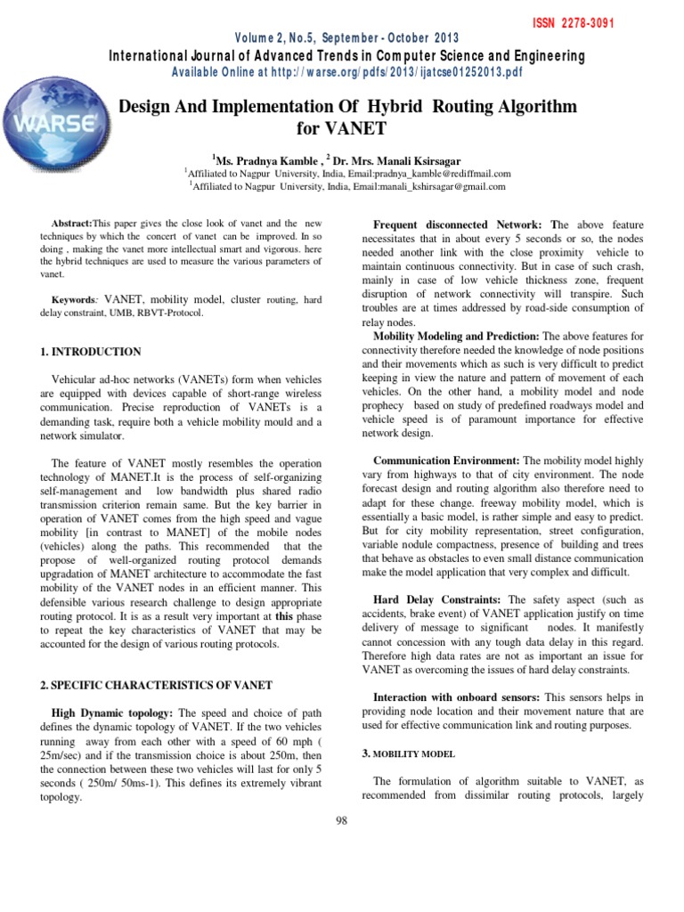 Design and Implementation of Hybrid Routing Algorithm For VANET | PDF ...