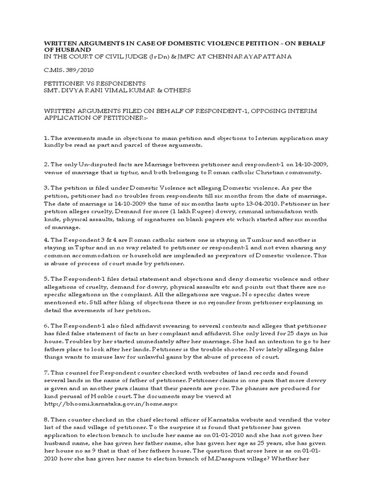 Written Arguments in Case of Domestic Violence Petition | PDF | Burden ...