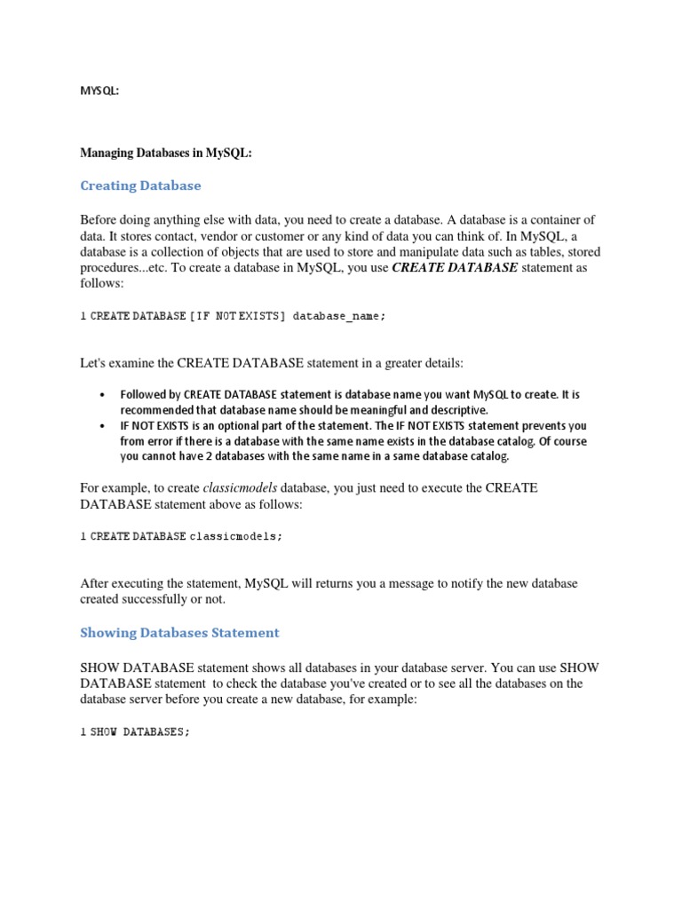 Creating Database: Managing Databases in Mysql | PDF | Database Index | Sql
