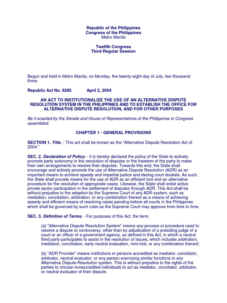 ADR (RA 9285) .P DF | PDF | Alternative Dispute Resolution | Arbitral ...