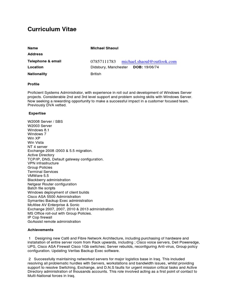 Curriculum Vitae: Name Michael Shaoul Address Telephone & Email ...