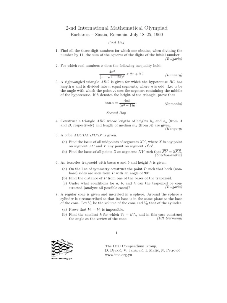 1960 International Math Olympiad Problems | PDF | Science & Mathematics