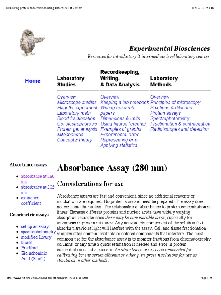 Measuring Protein Concentration Using Absorbance at 280 NM PDF | PDF ...