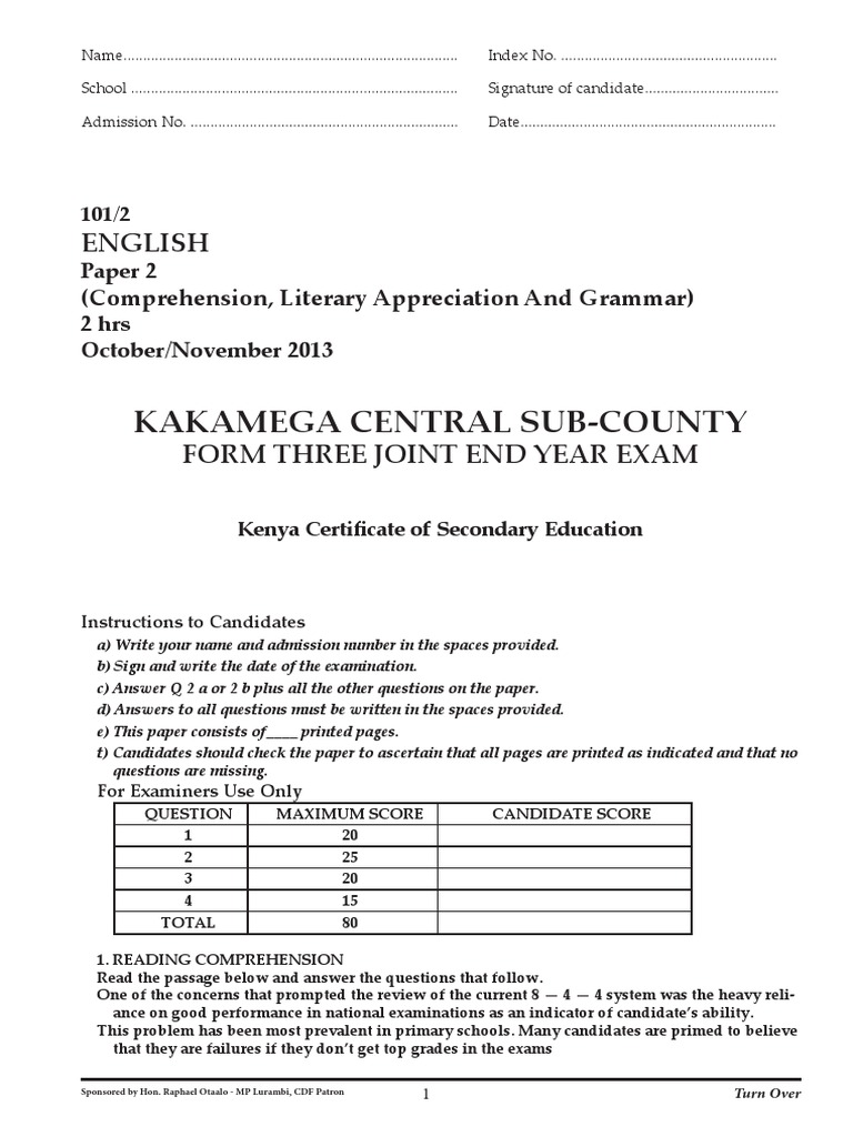 English Paper 2 Form 3 Kakamega Central Subcounty | PDF | Test ...