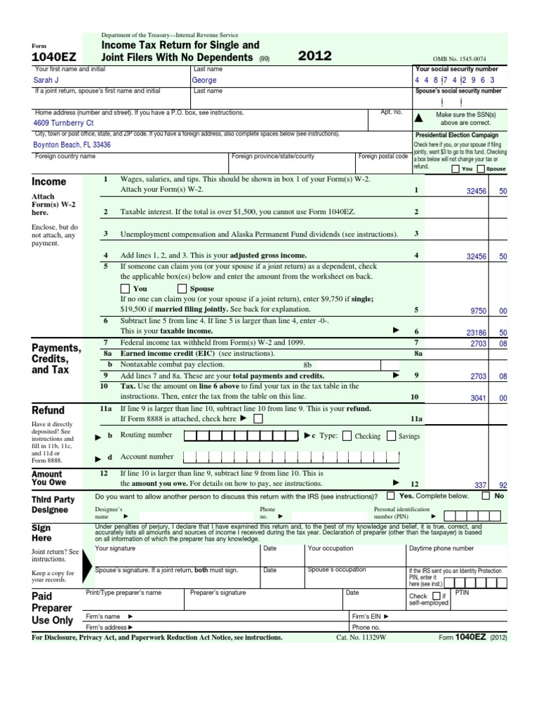 Income Tax Return For Single and Joint Filers With No Dependents ...