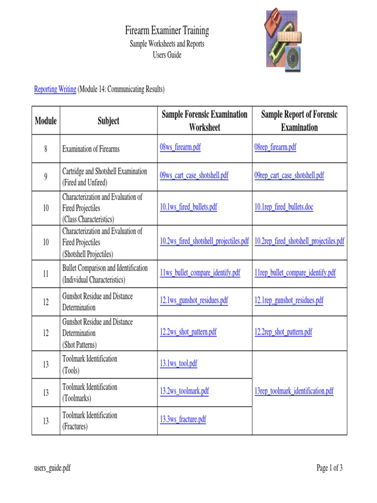 Firearm Examiner Training: Module Subject Sample Forensic Examination ...