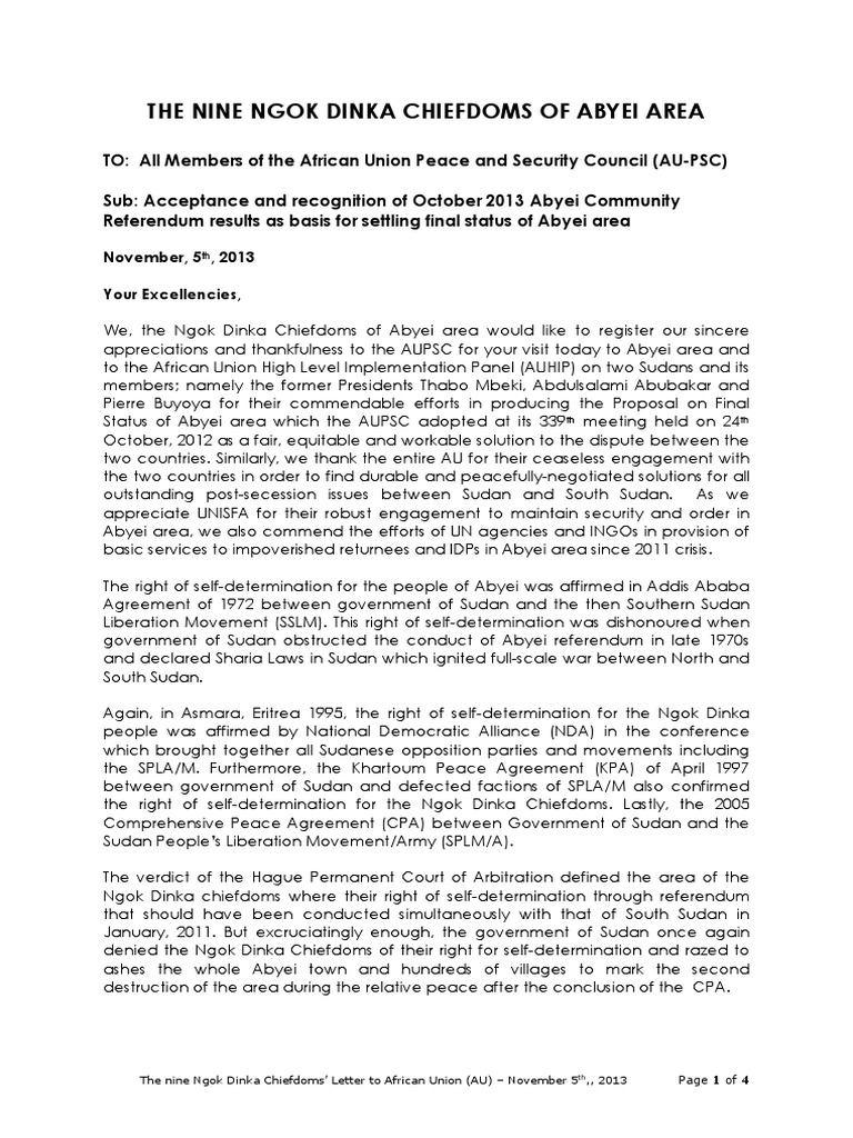Ngok Dinka Chiefdoms' Letter To AUPSC | PDF | South Sudan | Sudan