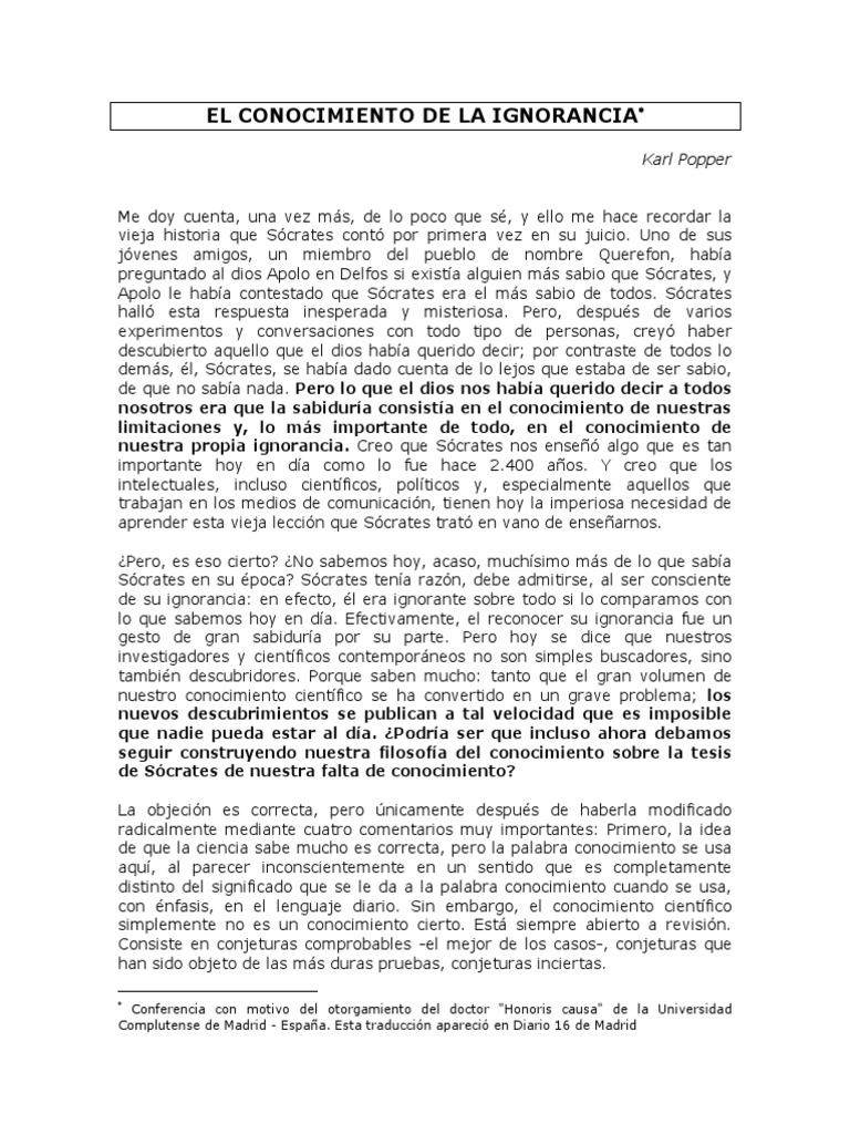 El Conocimiento De La Ignorancia Karl Popper Pdf Conocimiento Razón