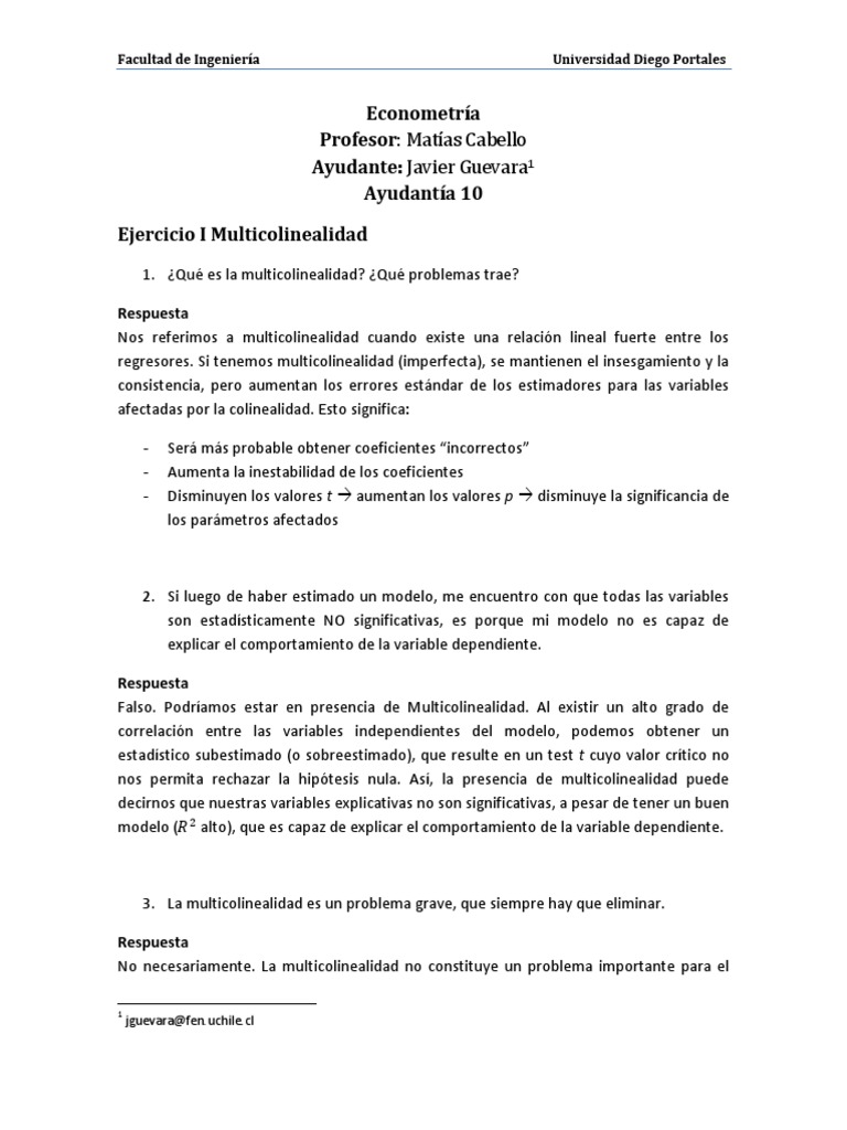 Pauta Ayudantia 10 | PDF | Multicolinealidad | Estimador