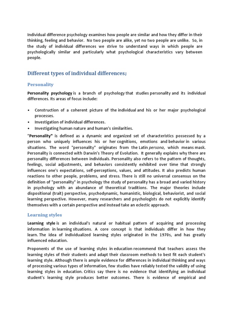 Different Types of Individual Differences : Personality | PDF ...