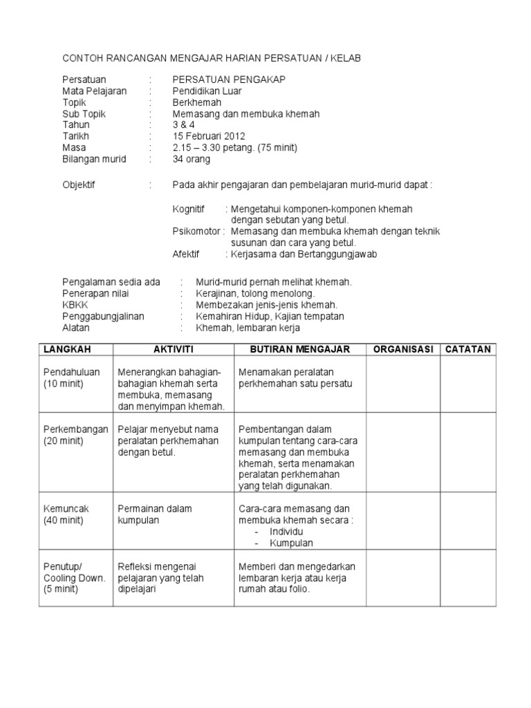 Contoh Rancangan Mengajar Harian Unit Beruniform & Persatuan | PDF
