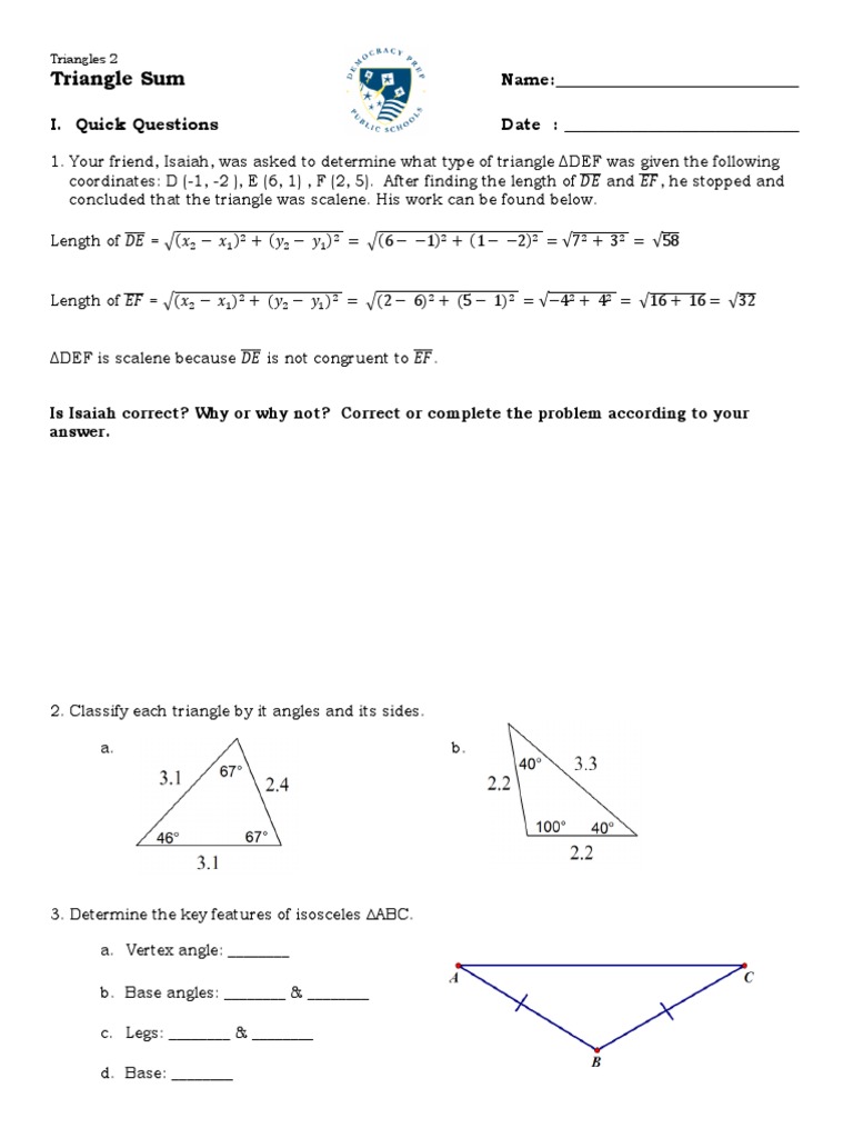 Triangle Sum: Name: - I. Quick Questions Date | PDF | Triangle | Angle