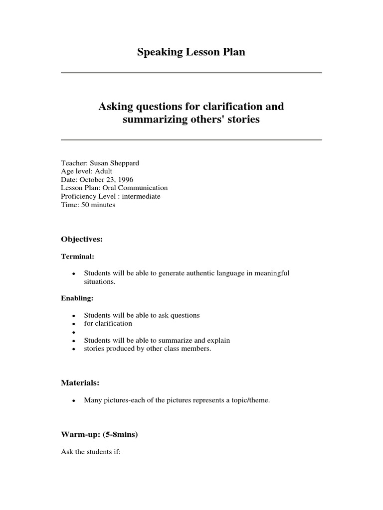 Speaking Lesson Plan | PDF | Lesson Plan | Question