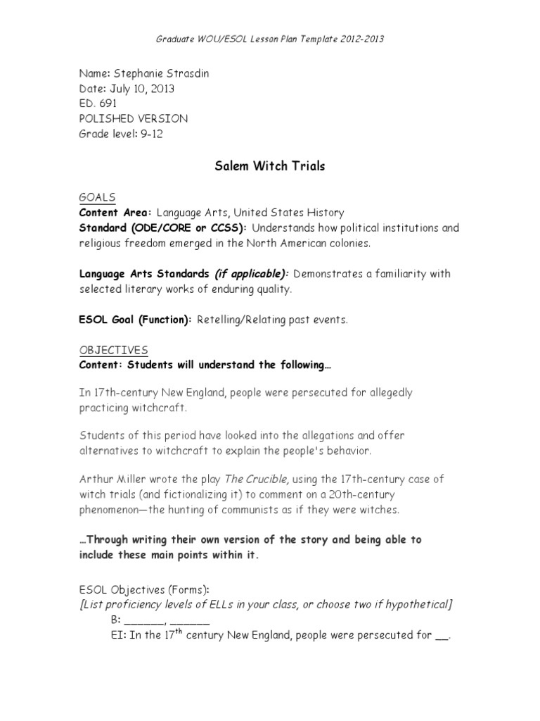 Salem Witch Trials Lesson Plan for HS | PDF | English As A Second Or ...