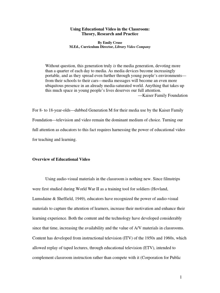 Using Educational Video in The Classroom | PDF | Affect (Psychology ...