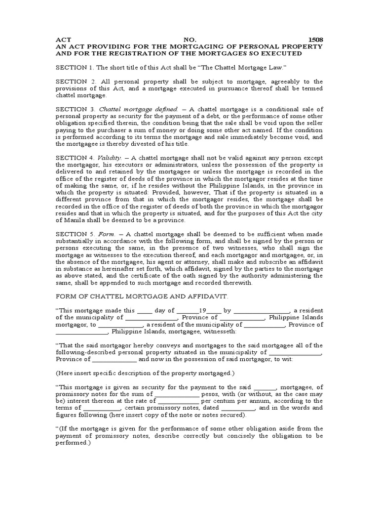 Chattel Mortgage Law | PDF | Mortgage Loan | Real Estate Law