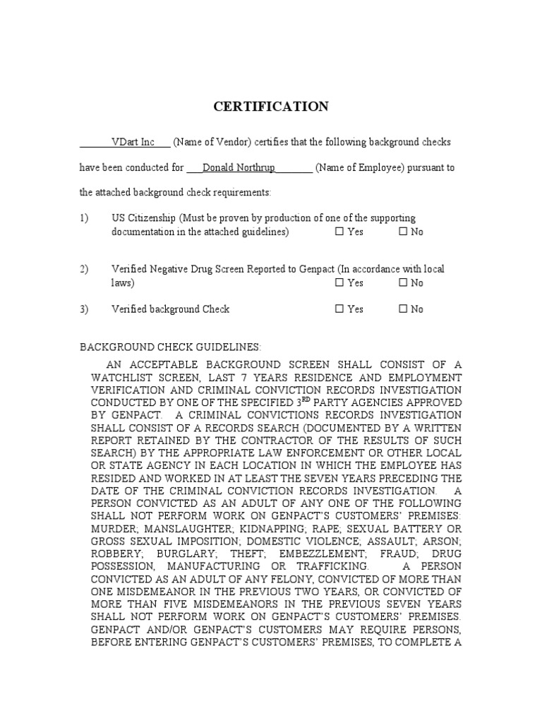 Background Check Certification For Vendors | PDF | Background Check ...