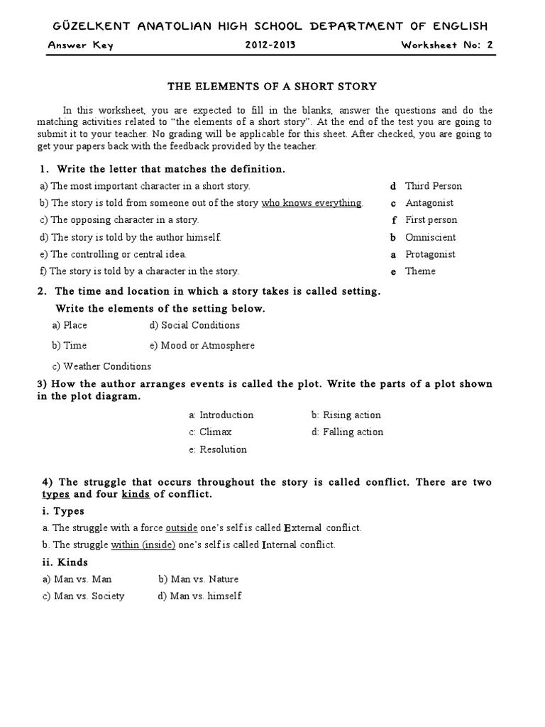 Short Story Elements Worksheet Answer Key | PDF