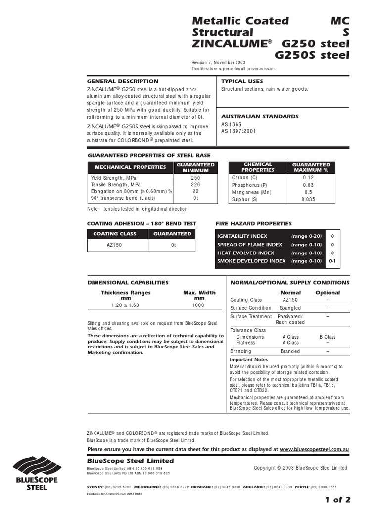 ZINCALUME G250 G250S Datasheet PDF | PDF | Steel | Titanium