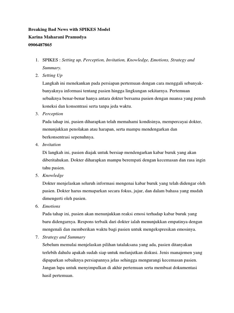 Breaking Bad News With SPIKES Model | PDF