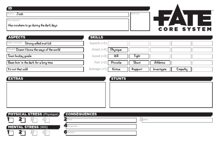 Fate Core Character Sheet Example | PDF | Role Playing Games | Psychology