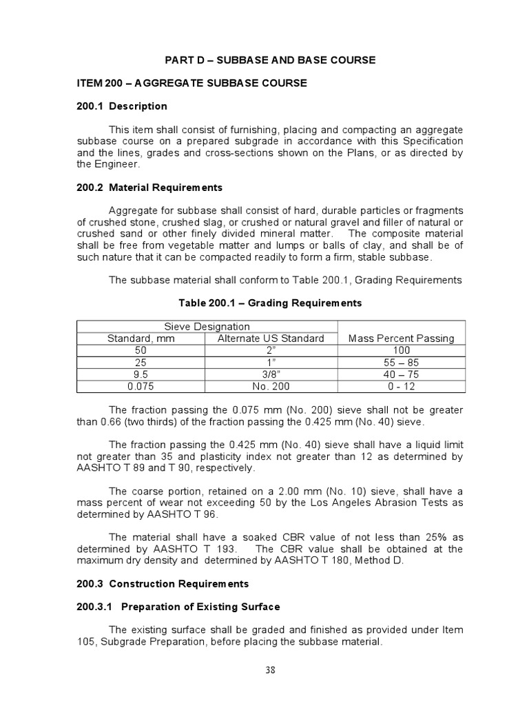 Part D - Subbase and Base Course Item 200 - Aggregate Subbase Course ...