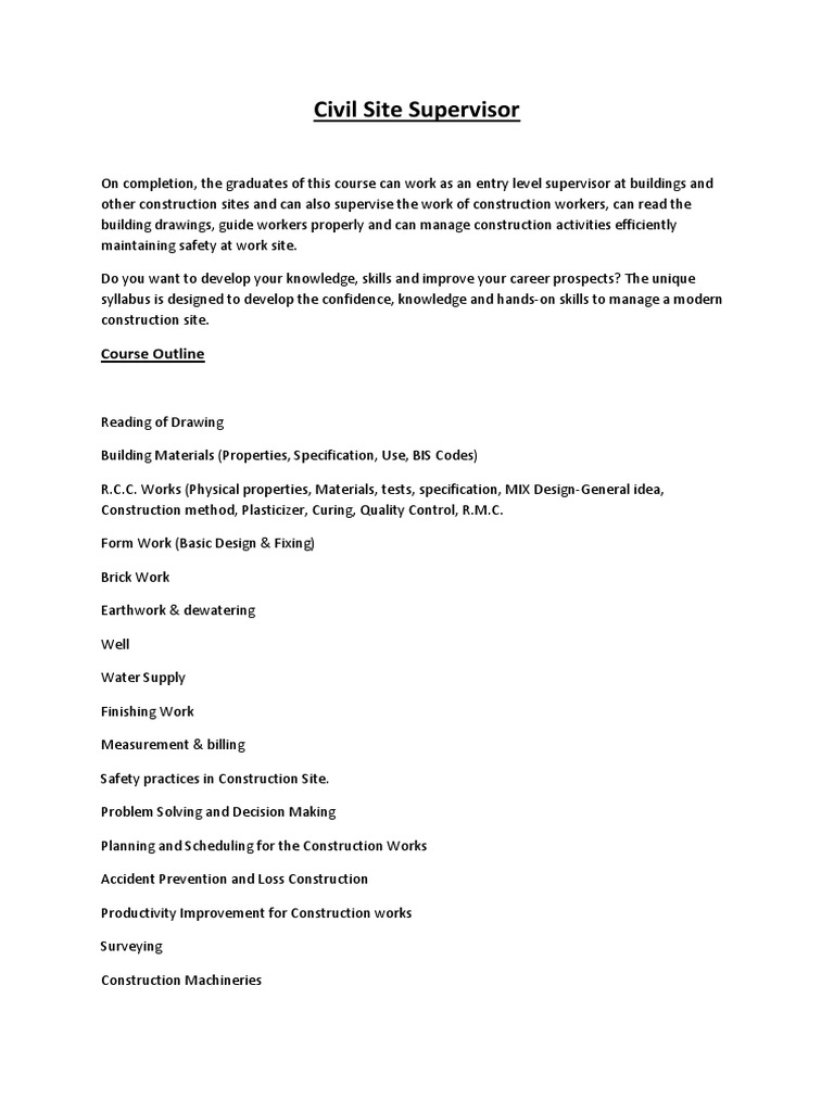 Civil Site Supervisor: Course Outline | PDF