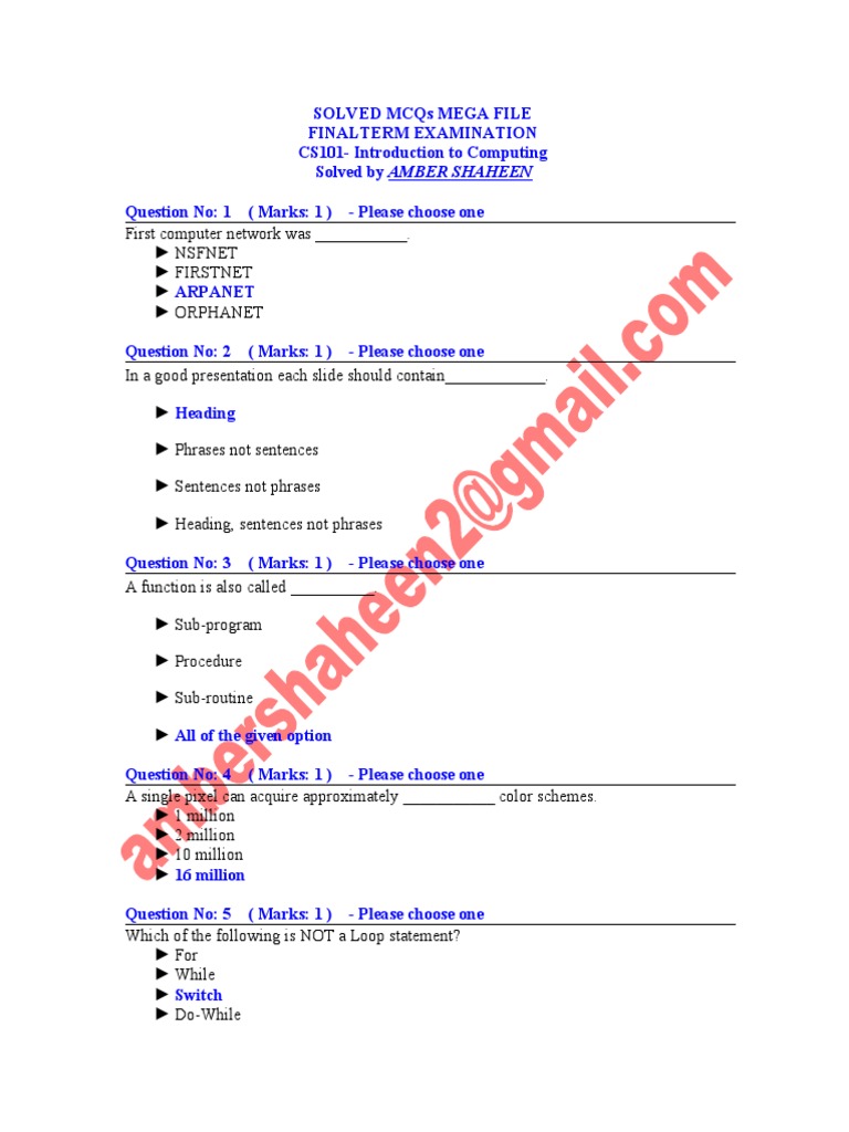 CS101 Solved MCQs From Past Papers | PDF | Computer Networking ... CS101 Solved MCQs From Past Papers | PDF | Computer Networking ...