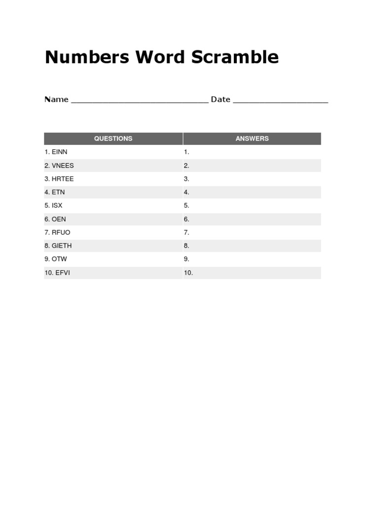 Numbers Word Scramble: Name - Date | PDF | Foreign Language Studies