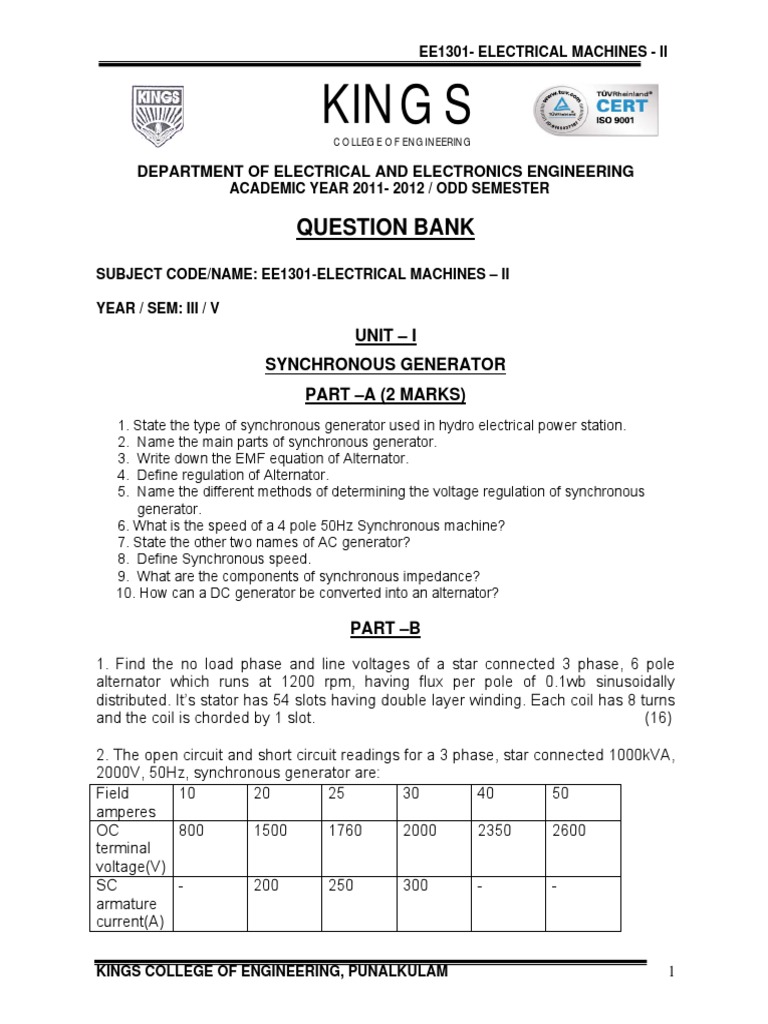 EE1301 Electrical Machines Question Bank | PDF | Electromagnetic ...
