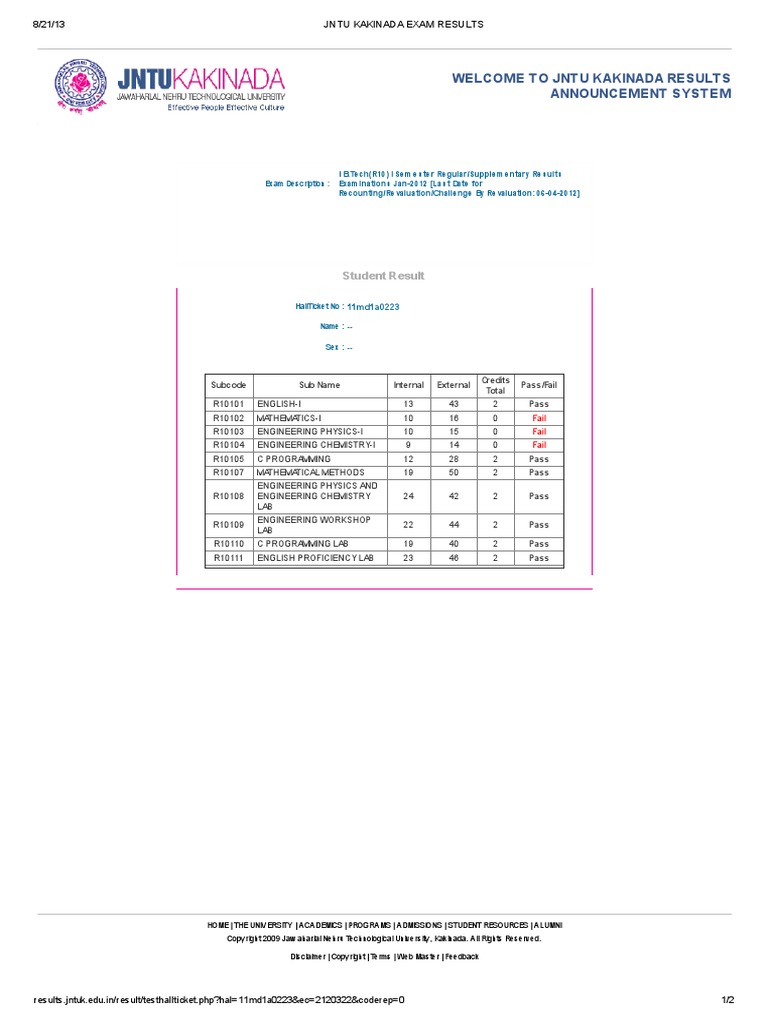 Welcome To Jntu Kakinada Results Announcement System: Student Result ...