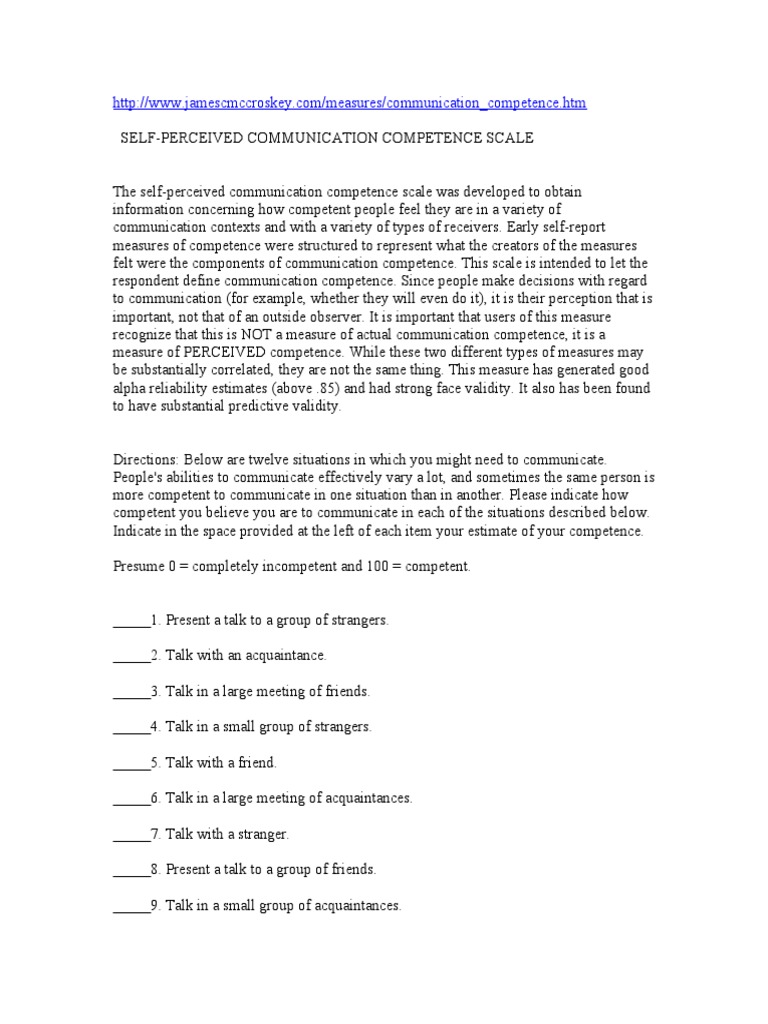 Self-Perceived Communication Competence Scale | PDF | Psychological ...