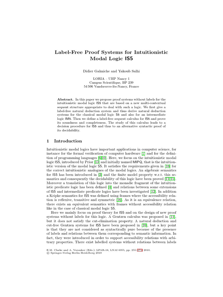 Label Free Proof Systems For Intuitionistic Modal Logics | PDF | Theorem | Mathematical Logic