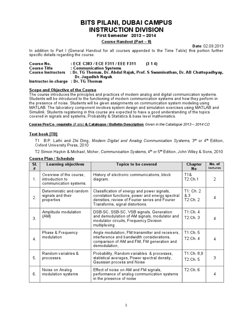 Bits Pilani, Dubai Campus Instruction Division: First Semester 2013 ...