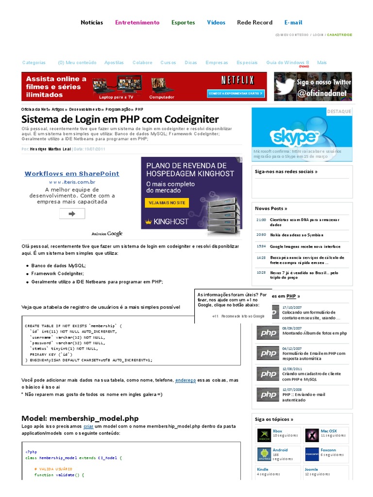 Sistema de Login em PHP Com Codeigniter | Download grátis PDF | Google | Php