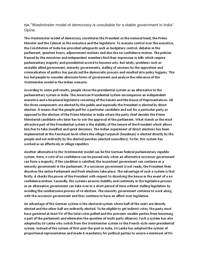 Westminster Model's Suitability in India | PDF | Westminster System ...