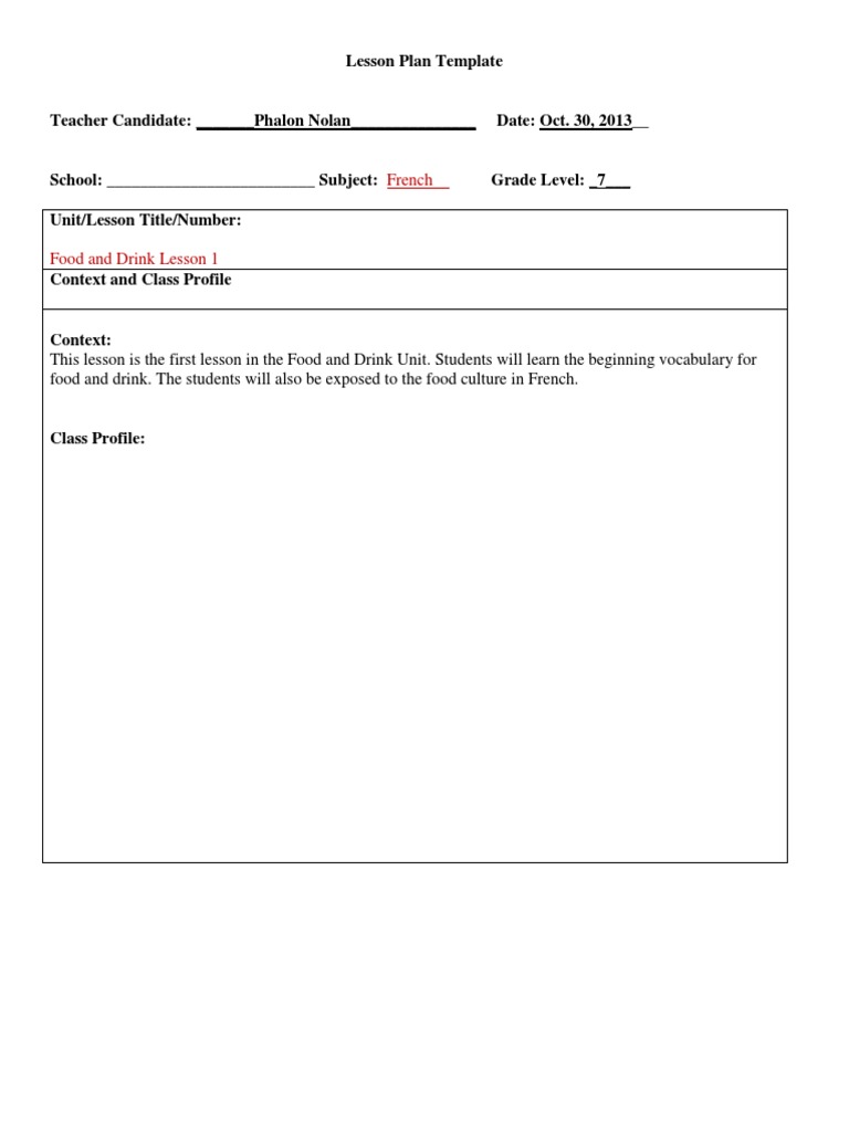 Food and Drink Lesson Plan 1 | PDF | Lesson Plan | Vocabulary