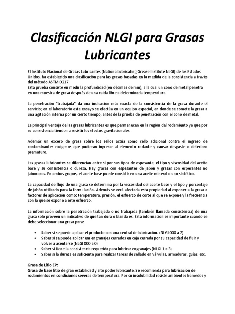 Clasificación NLGI para Grasas Lubricantes | PDF | Lubricante | Motor ...