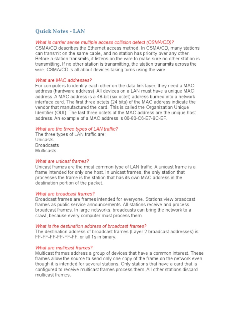 Quick Notes For Ccna | PDF | Network Switch | Osi Model