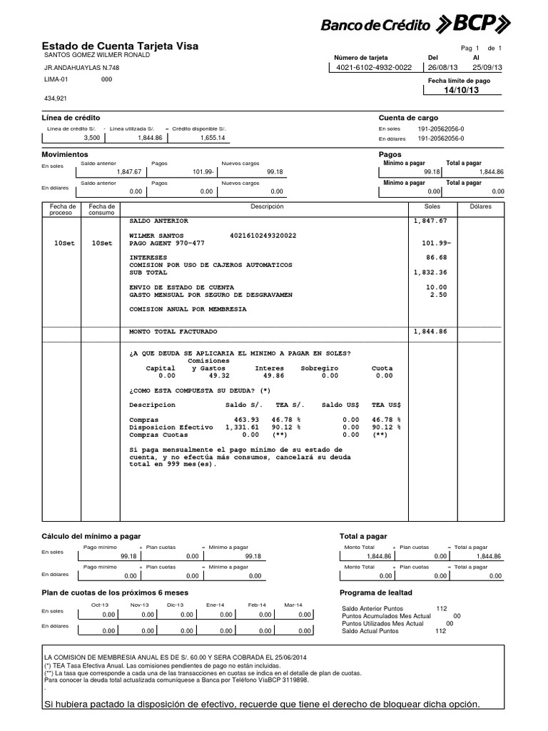 Resumen de Estado de Cuenta de Tarjeta de Crédito Visa con Detalles de Saldos, Pagos, y Plan de ...