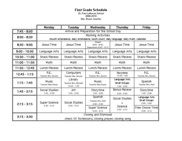 First Grade Schedule 2009-2010 | PDF