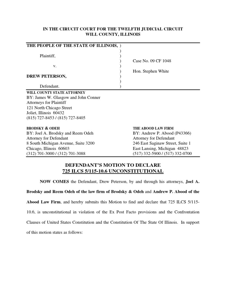 Drew Peterson Motion To Exclude Hearsay Evidence of Savio | PDF