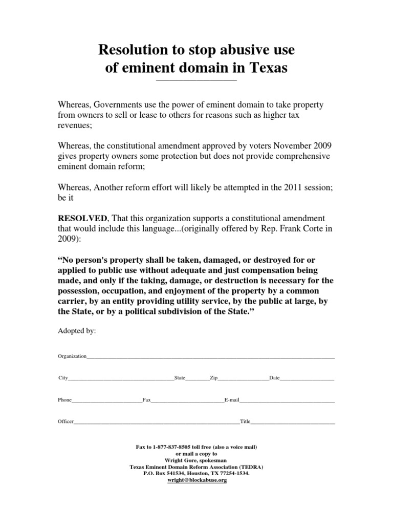 Texas Eminent Domain Reform Resolution | PDF