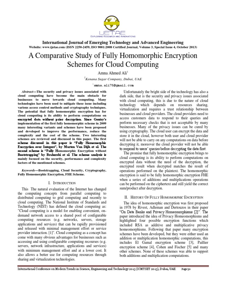 A Comparative Study of Fully Homomorphic Encryption Schemes For Cloud Computing | PDF | Cloud ...