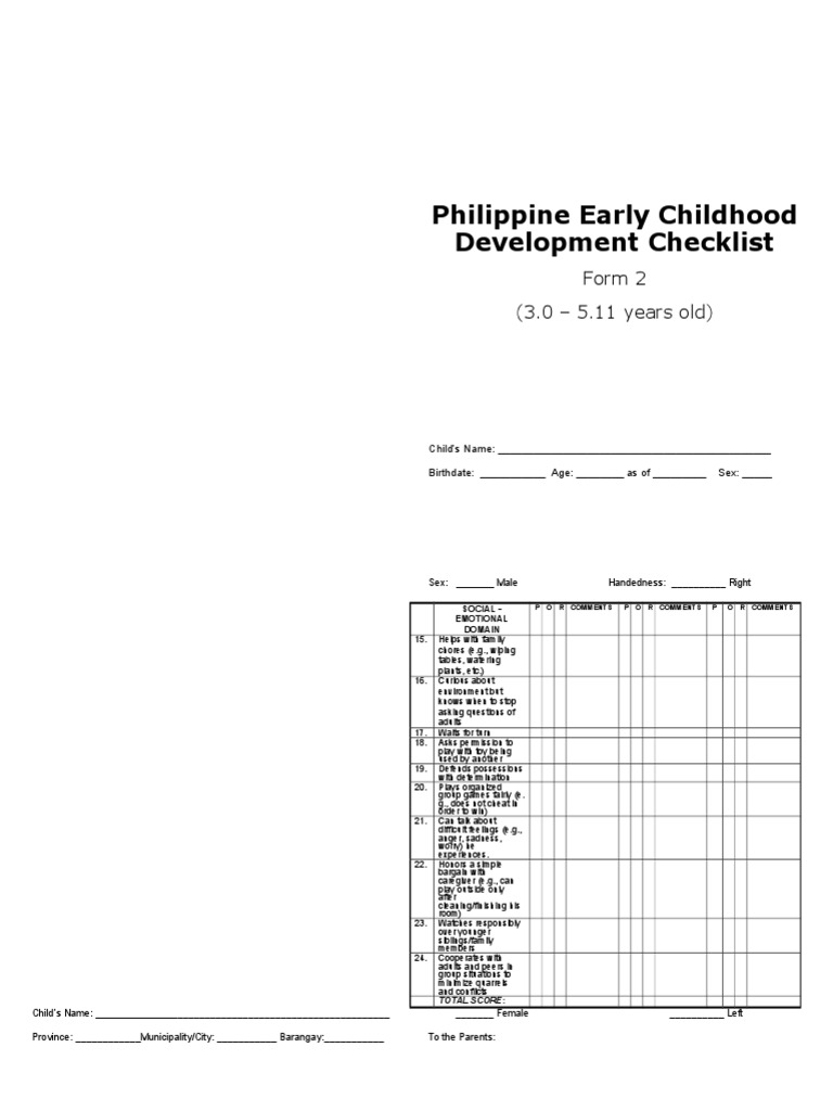 Philippine Early Childhood Development Checklist: Form 2 (3.0 - 5.11 ...