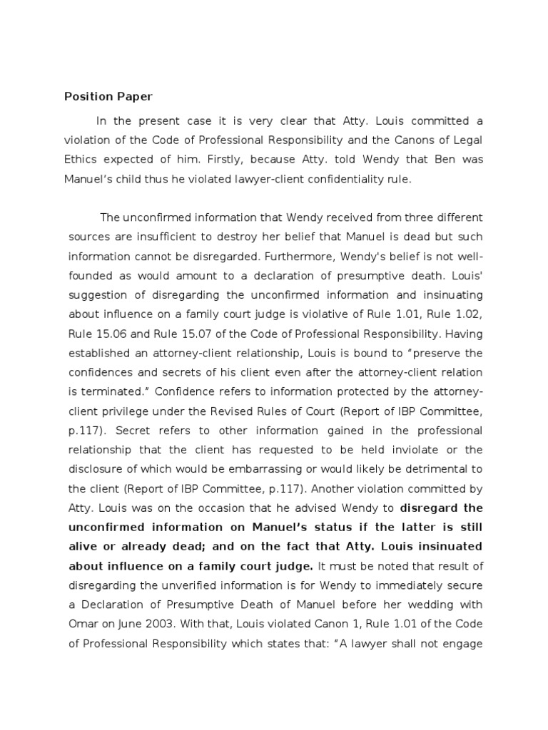 Sample Position Paper | PDF | Lawyer | Confidentiality