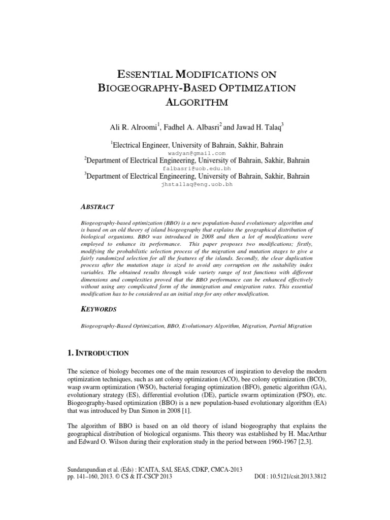 Essential Modifications On Biogeography Based Optimization Algorithm Pdf Biogeography
