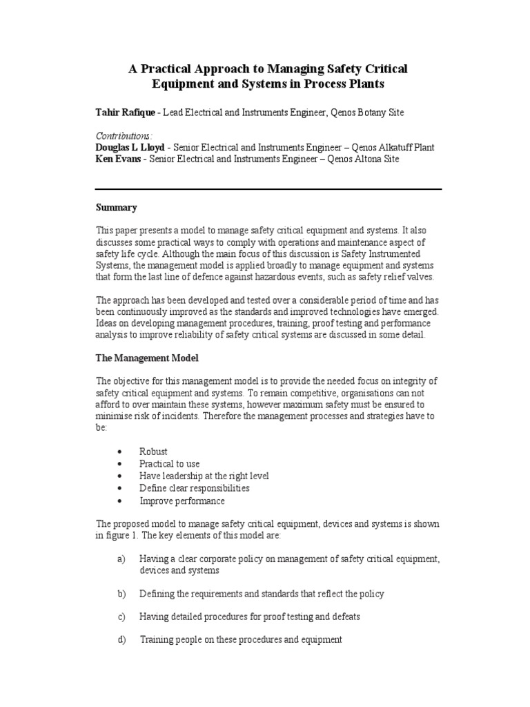 A Practical Approach To Managing Safety Critical Equipment and Systems ...